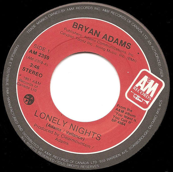 Bryan Adams – Lonely Nights - 7" Single, 1981 – Vinyl Pursuit Inc