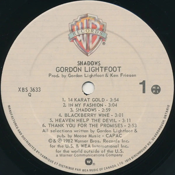 Gordon Lightfoot – Shadows - 1982 Original – Vinyl Pursuit Inc