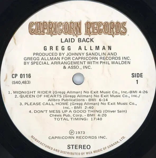 Gregg Allman – Laid Back - 1973 Original – Vinyl Pursuit Inc