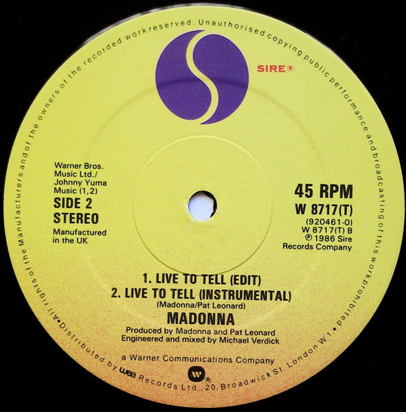 Madonna – Live To Tell UK Pressing - Vinyl Pursuit Inc