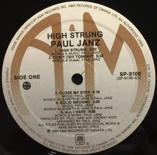 Paul Janz – High Strung - 1985 Original – Vinyl Pursuit Inc