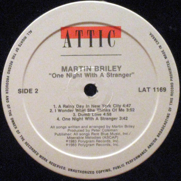 Martin Briley – One Night With A Stranger - 1983 – Vinyl Pursuit Inc